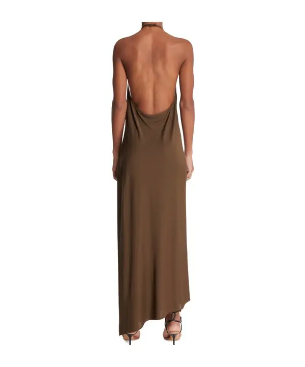 Attico Halterneck Maxi Dress With Open Back And Designer Hardware - Brown