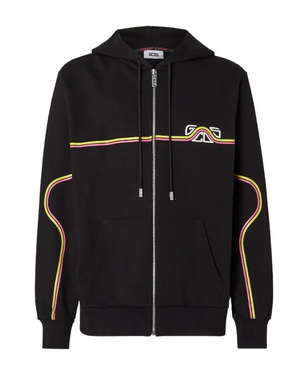 Gcds Logo Stripe Zip-up Hoodie - Black