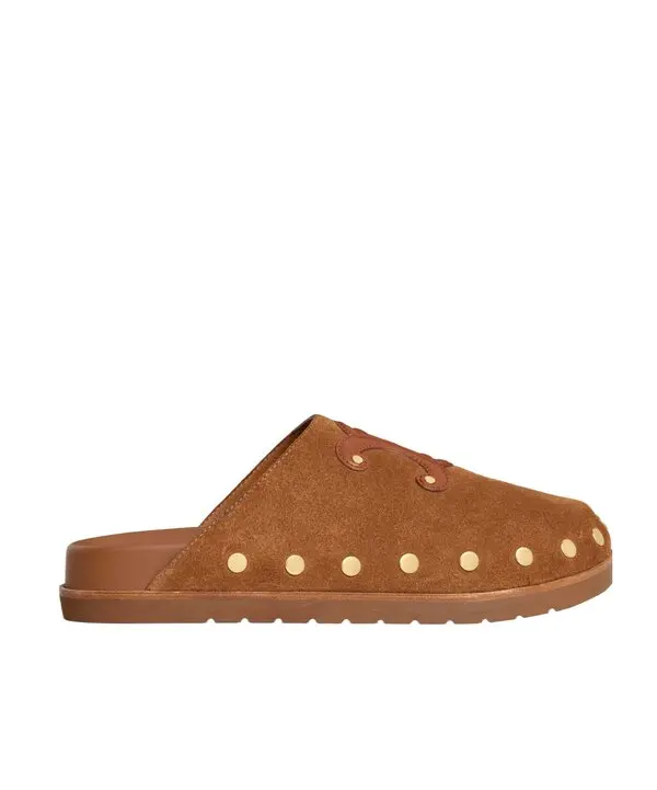 Celine Suede Calfskin Clog With Stud Embellishments - Brown