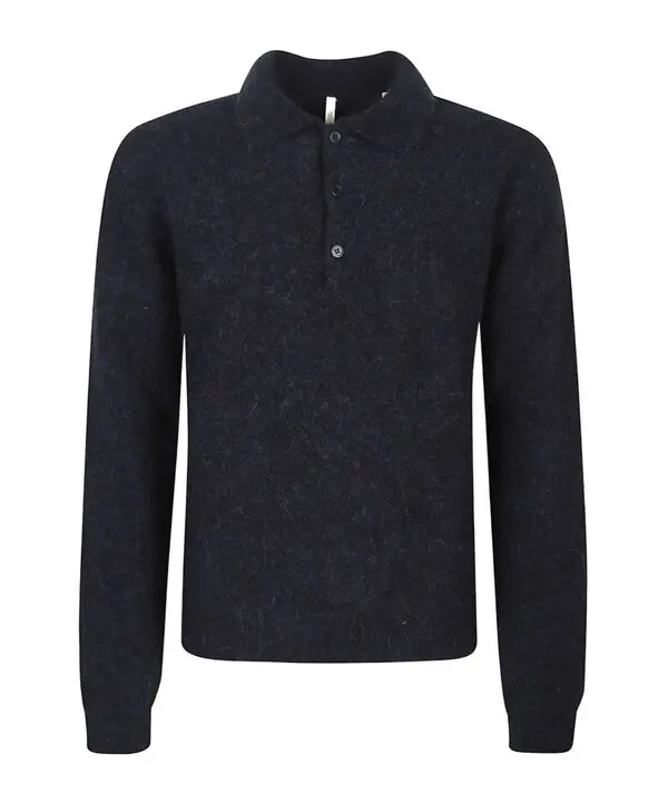 SUNFLOWER Long Sleeved Knitted Polo Shirt - Navy