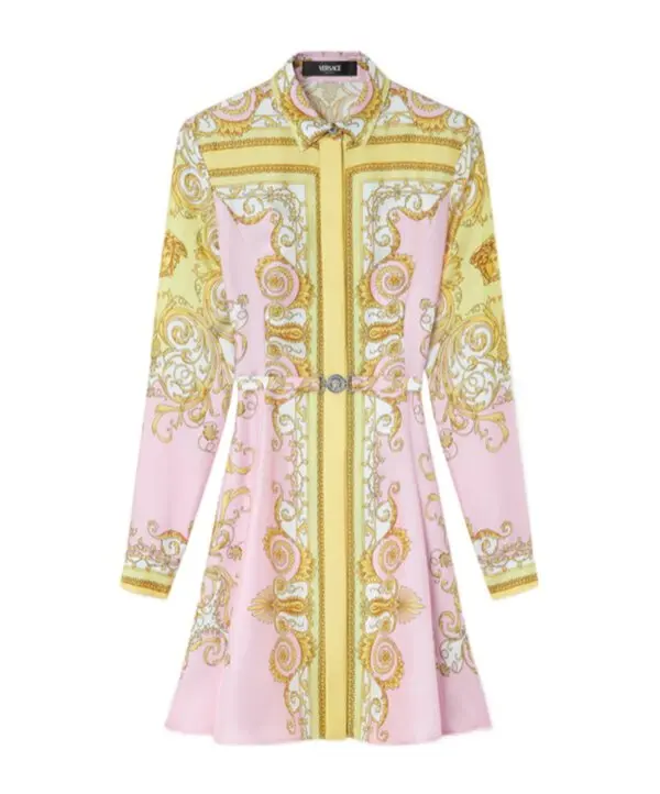 Versace Spring Baroque Print Mini Shirt Dress - Yellow/pink