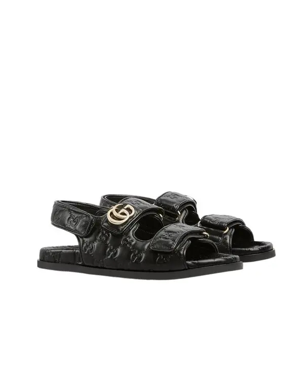 Gucci Double G Embossed Flat Sandals - Black