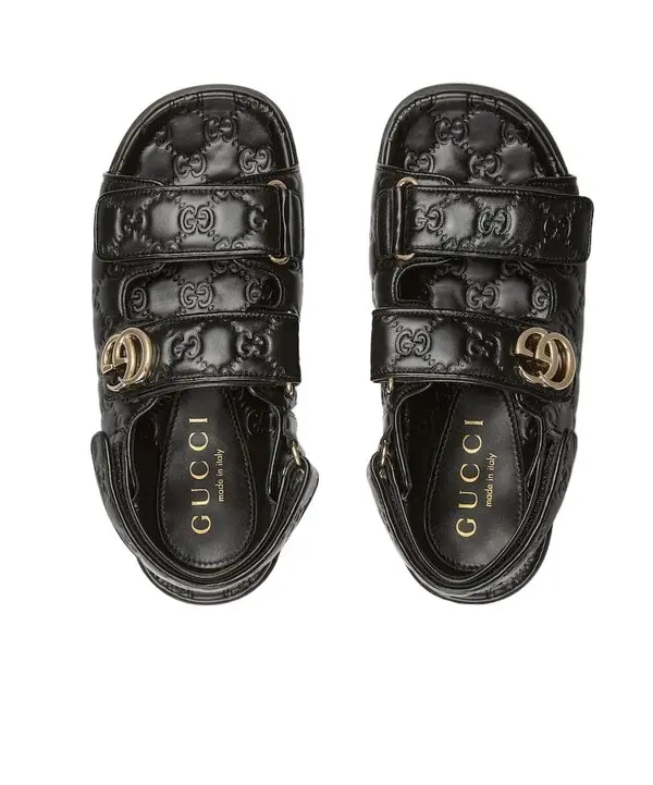 Gucci Double G Embossed Flat Sandals - Black
