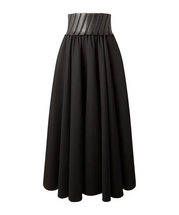 Alaïa Leather-trimmed Wool-gabardine Midi Skirt - Black