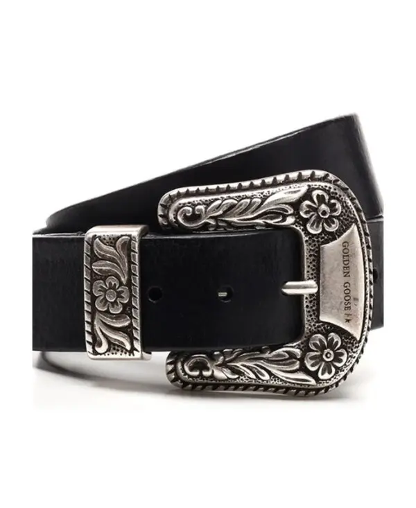 GOLDEN GOOSE Logo Plaque Buckle Belt - Black