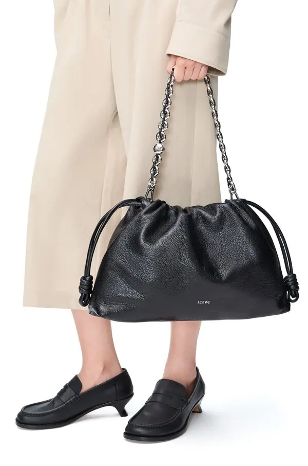 Loewe Flamenco Large Leather Drawstring Purse With Silver Tone Hardware - Black