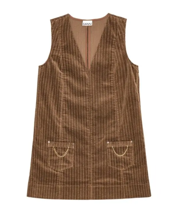 GANNI Corduroy Mini Dress With Chain Detail - Brown