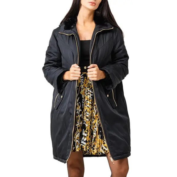 Versace Zipper Hooded Down Jacket With Fur Trim