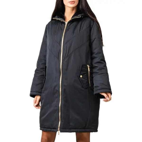 Versace Zipper Hooded Down Jacket With Fur Trim