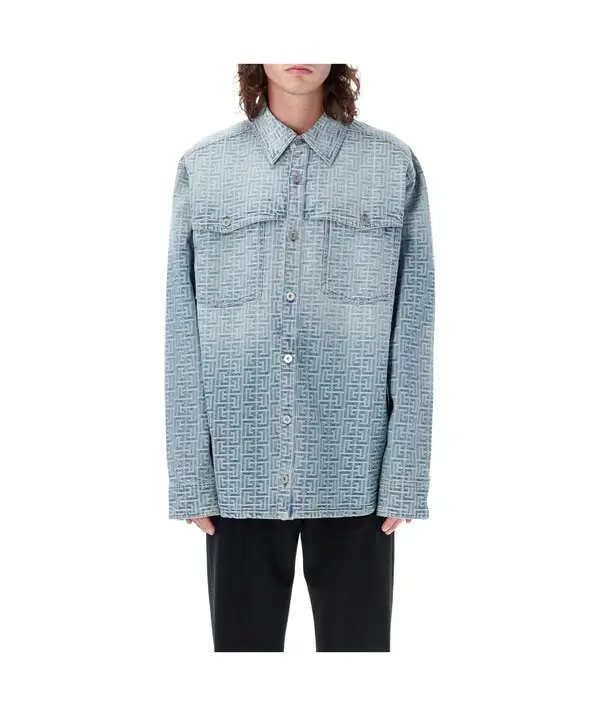 Balmain Monogrammed Jacquard Denim Shirt