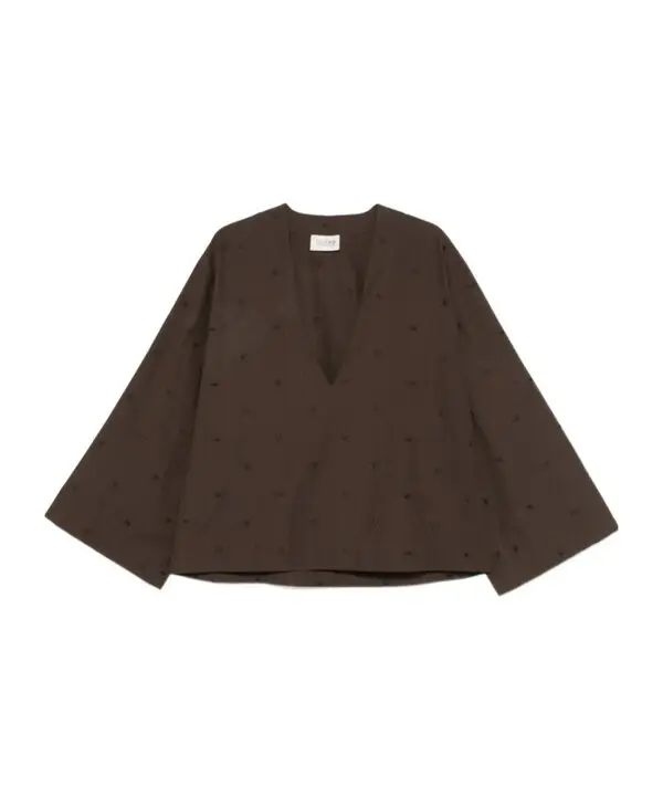 Attico Embroidered V-neck Long Sleeve Blouse - Brown