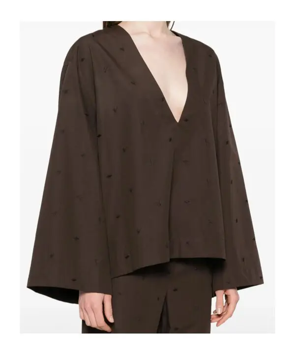 Attico Embroidered V-neck Long Sleeve Blouse - Brown