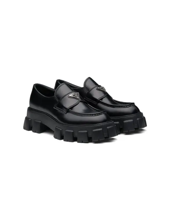 Prada Monolith Brushed Leather Loafers - Black