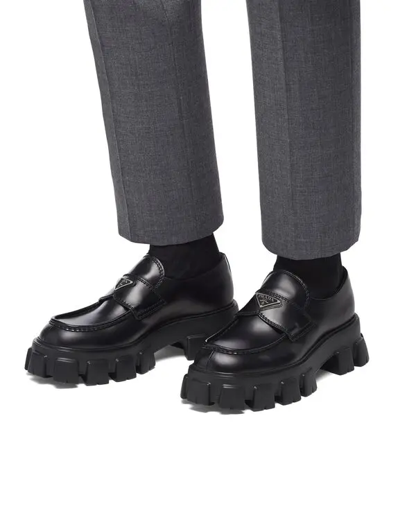 Prada Monolith Brushed Leather Loafers - Black