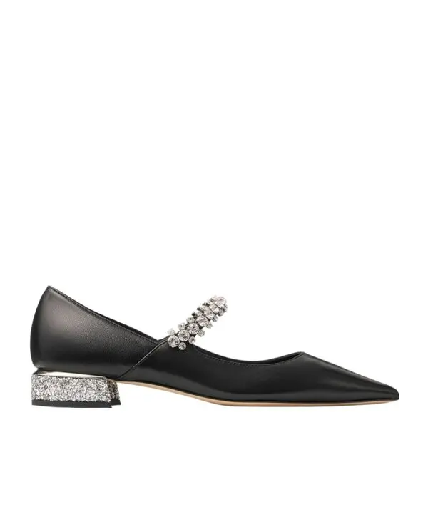 JIMMY CHOO Bing Glittery Flat With Embellished Strap - Black/silver