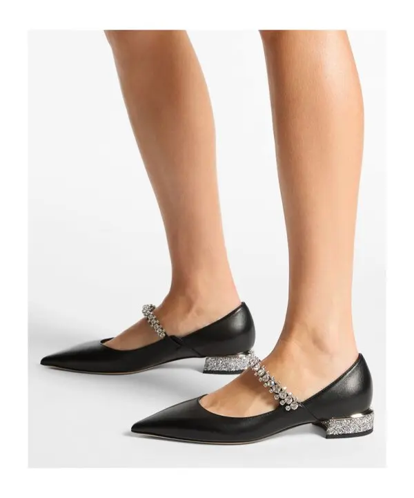 JIMMY CHOO Bing Glittery Flat With Embellished Strap - Black/silver