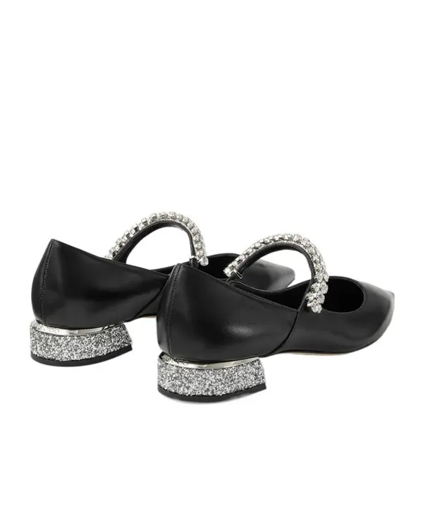 JIMMY CHOO Bing Glittery Flat With Embellished Strap - Black/silver