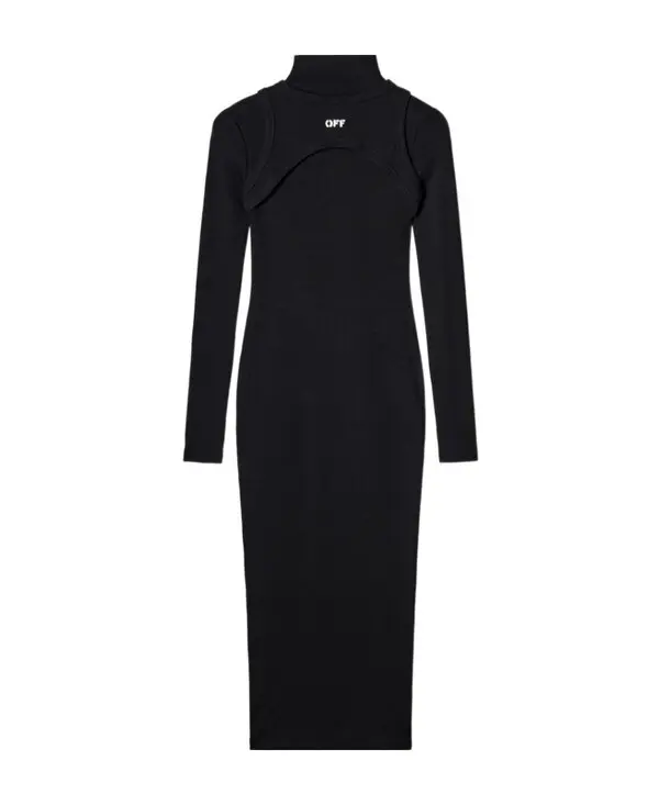 Off-White Ribbed High Neck Logo Long Sleeve Midi Dress - Black
