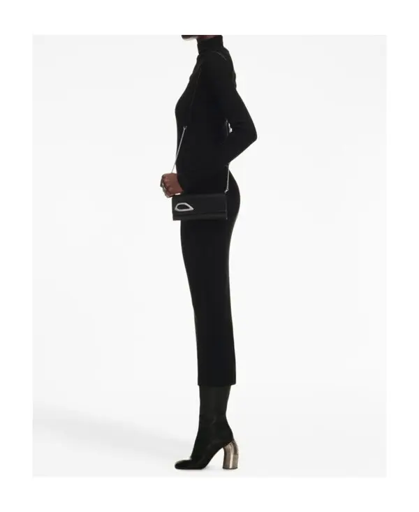 Off-White Ribbed High Neck Logo Long Sleeve Midi Dress - Black