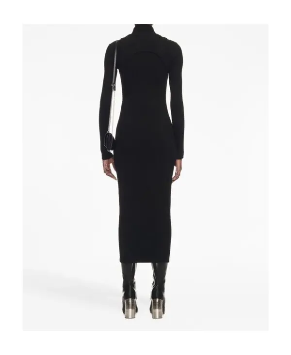 Off-White Ribbed High Neck Logo Long Sleeve Midi Dress - Black