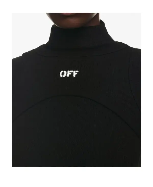 Off-White Ribbed High Neck Logo Long Sleeve Midi Dress - Black