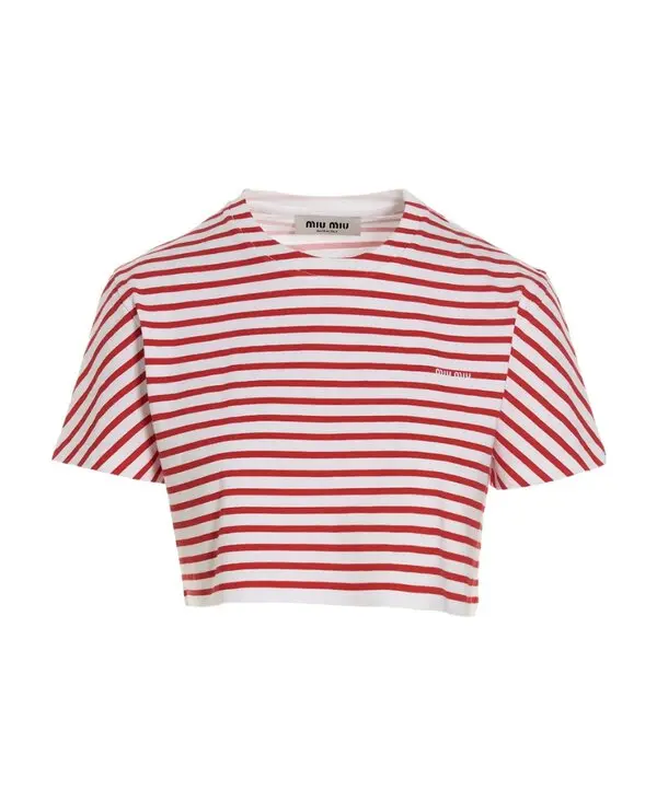 Miu Miu Striped Cropped Cotton T-shirt With Logo - No