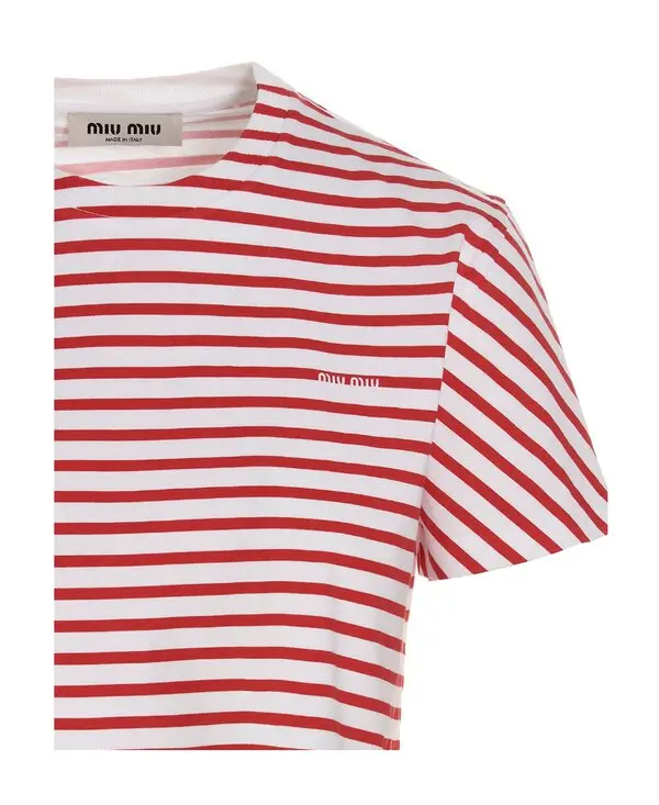 Miu Miu Striped Cropped Cotton T-shirt With Logo