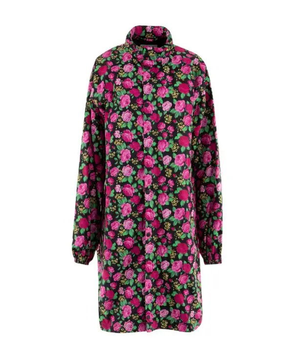 Balenciaga Floral Pattern Hooded Coat - Black