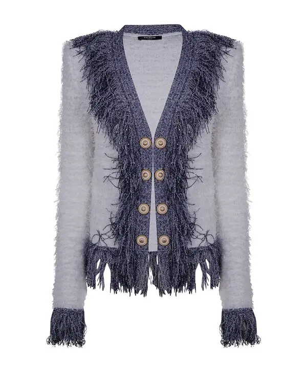 Balmain Long Sleeve Fringed V-neck Jacket - Gray