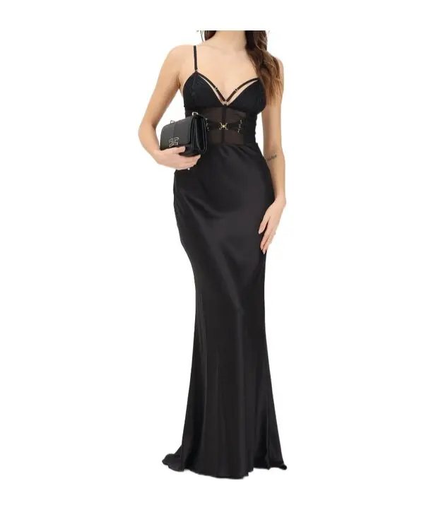 Elisabetta Franchi Strappy Satin Gown With Cutout Detail - Black