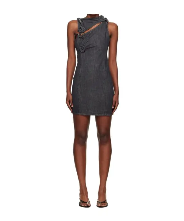 Coperni Floral Appliqué Tie Dress - Black