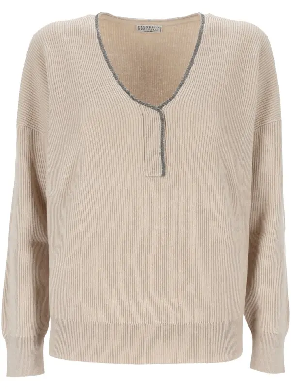 Brunello Cucinelli Ribbed V-neck Jumper - Nude