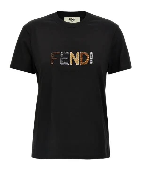 Fendi Logo Embellished Crewneck T-shirt - Black