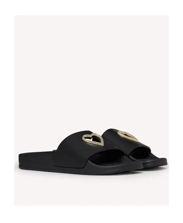 Red Valentino Heart Detailed Open Toe Slides - Black