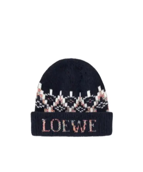 Loewe Logo Intarsia-knit Turn-up Hem Beanie - Navy Blue/multicolour