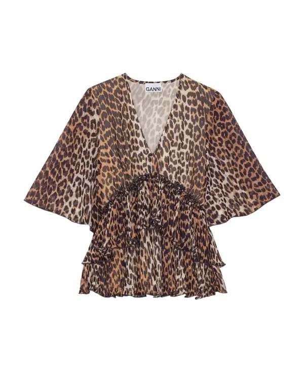 GANNI Leopard Printed Pleated V-neck Blouse - Brown
