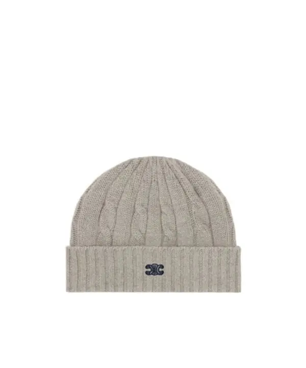 Celine Triomphe Cable-knit Beanie In Cashmere - Light Gray
