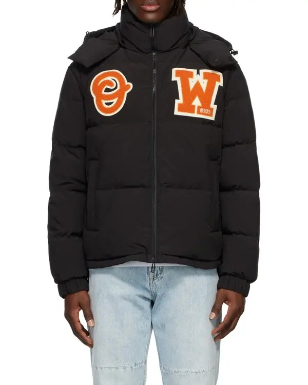Off-White Zip-up Hooded Puffer Coat With Logo Patches