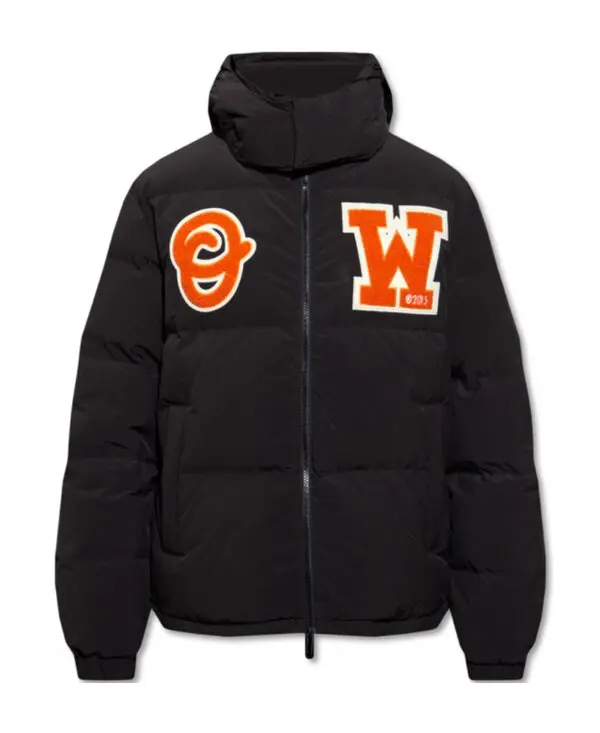 Off-White Zip-up Hooded Puffer Coat With Logo Patches - Black