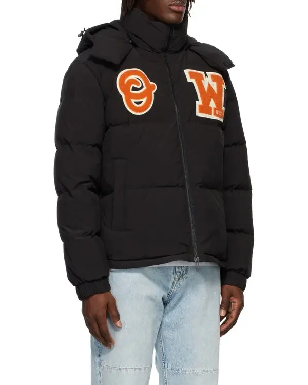 Off-White Zip-up Hooded Puffer Coat With Logo Patches