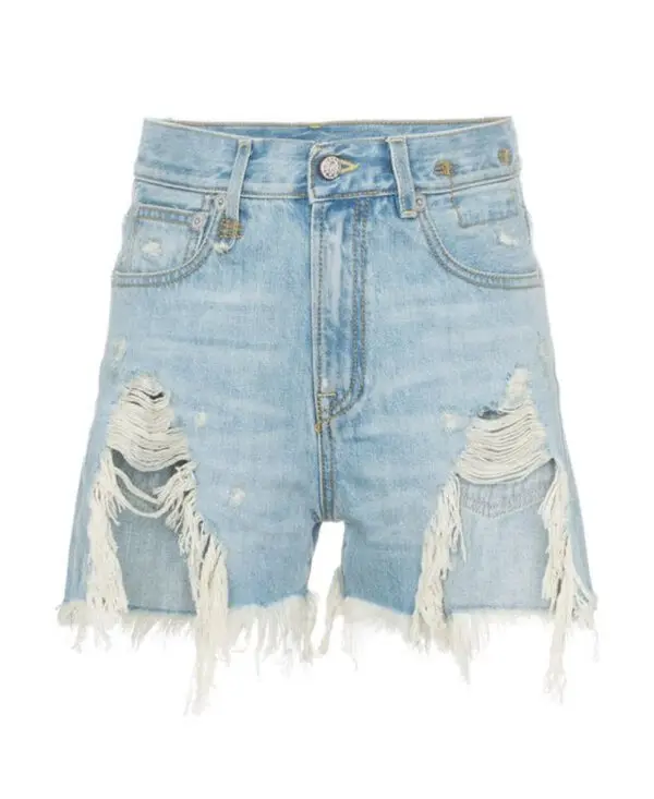 R13 High Waist Frayed Denim Shorts - Blue