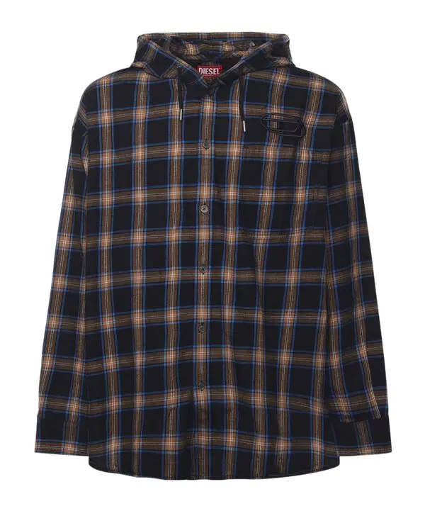DIESEL® Checked Drawstring Hooded Shirt - Black