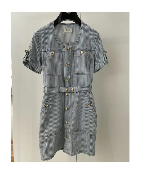 Celine Mini Military Dress In Cotton Hickory With Striped Pattern