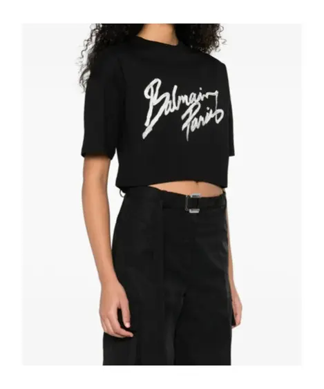 Balmain Graphic Printed Cropped T-shirt - Black