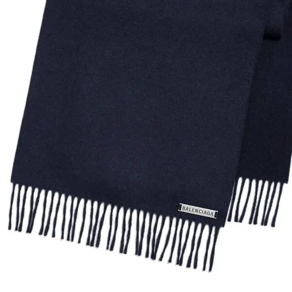 Balenciaga Logo Plaque Fringed Scarf - Navy