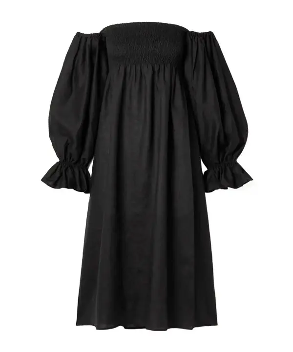 Sleeper Off-the-shoulder Shirred Linen Midi Dress With Balloon Sleeves - Black
