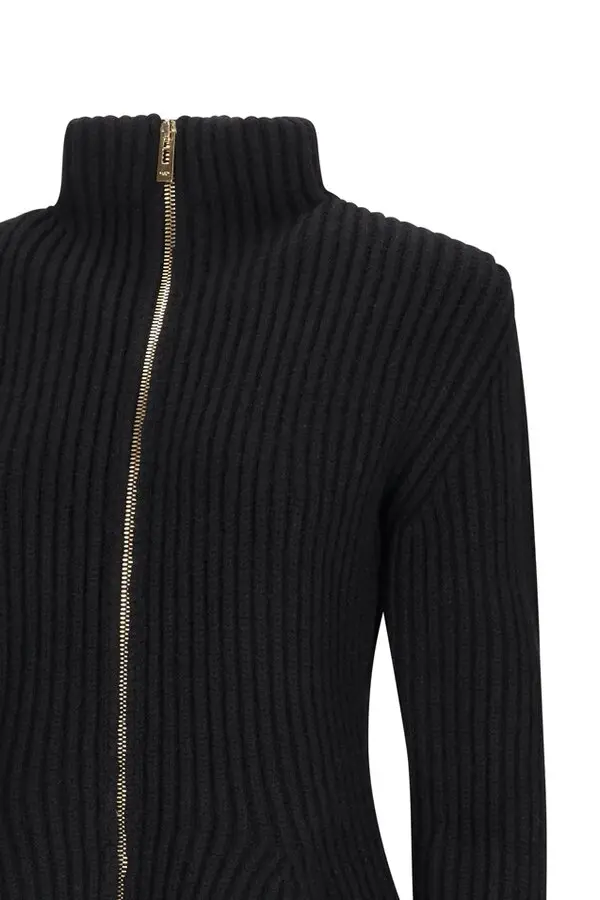 Alaïa Flared Ribbed Knit Zip-up Cardigan With High Collar