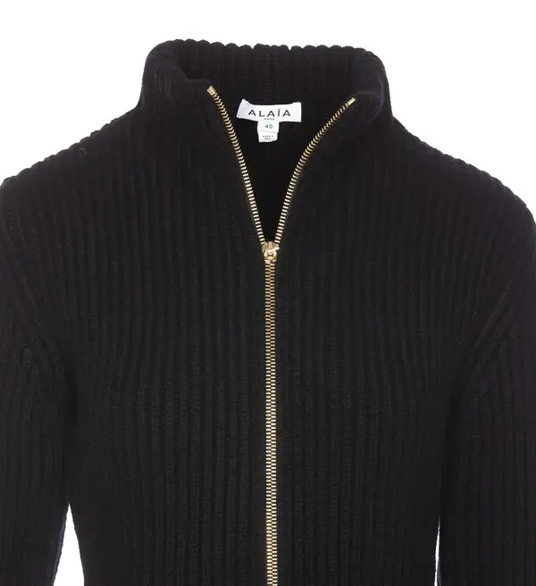 Alaïa Flared Ribbed Knit Zip-up Cardigan With High Collar