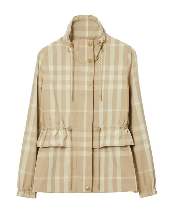 Burberry Plaid High-neck Jacket With Drawstring Details