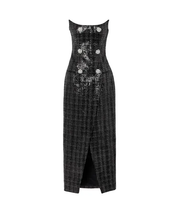 Balmain Embellished Sequinned Strapless Tweed Dress